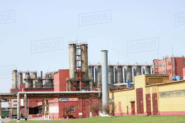Chemical plant with rectification columns, reactors, heat exchangers ...