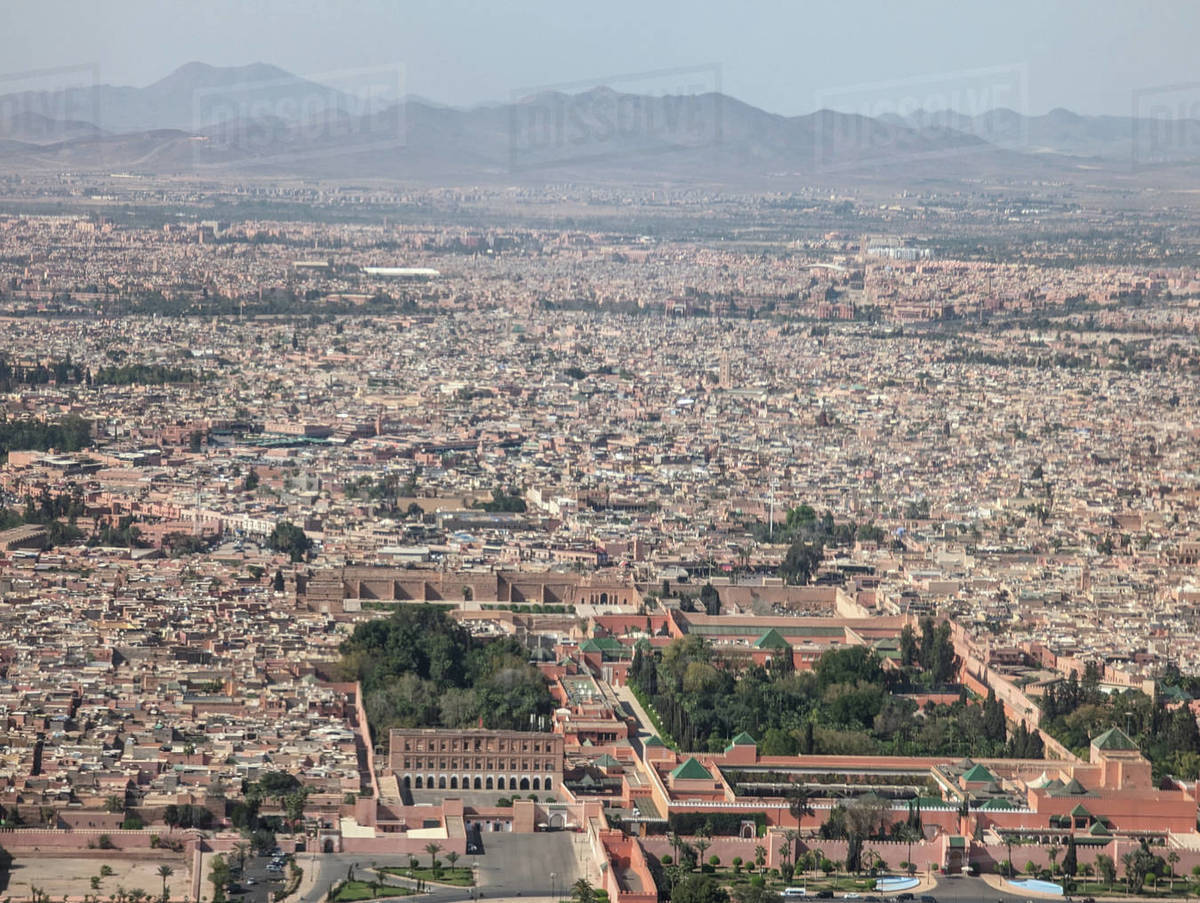 Aerial view of the Moroccan landscape and Marrakesh seen from an ...