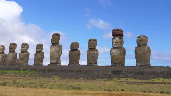 Spectacular shot of a row of fifteen famous moai statues under the ...