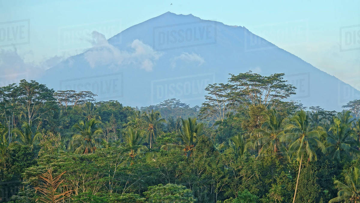 Towering volcanic structure shot behind a lush tropical rainforest in ...