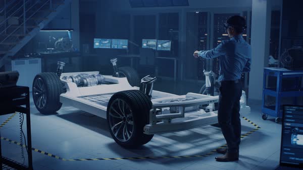 Automotive engineer working on electric car chassis platform, using ...