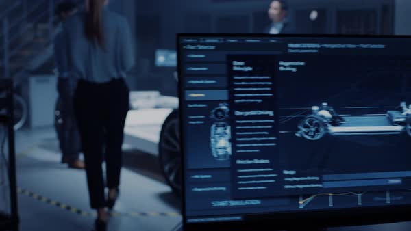 Automotive design engineers talking while working on electric car ...