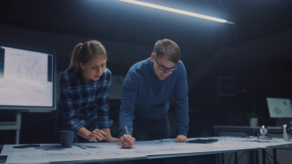 In a dark industrial design engineering facility male and female ...