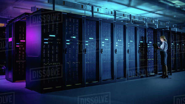 In Data Center: IT Technician Running Maintenance Programme on Laptop ...