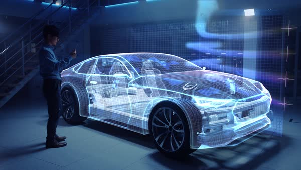 Automotive engineer working on electric car chassis platform using ...