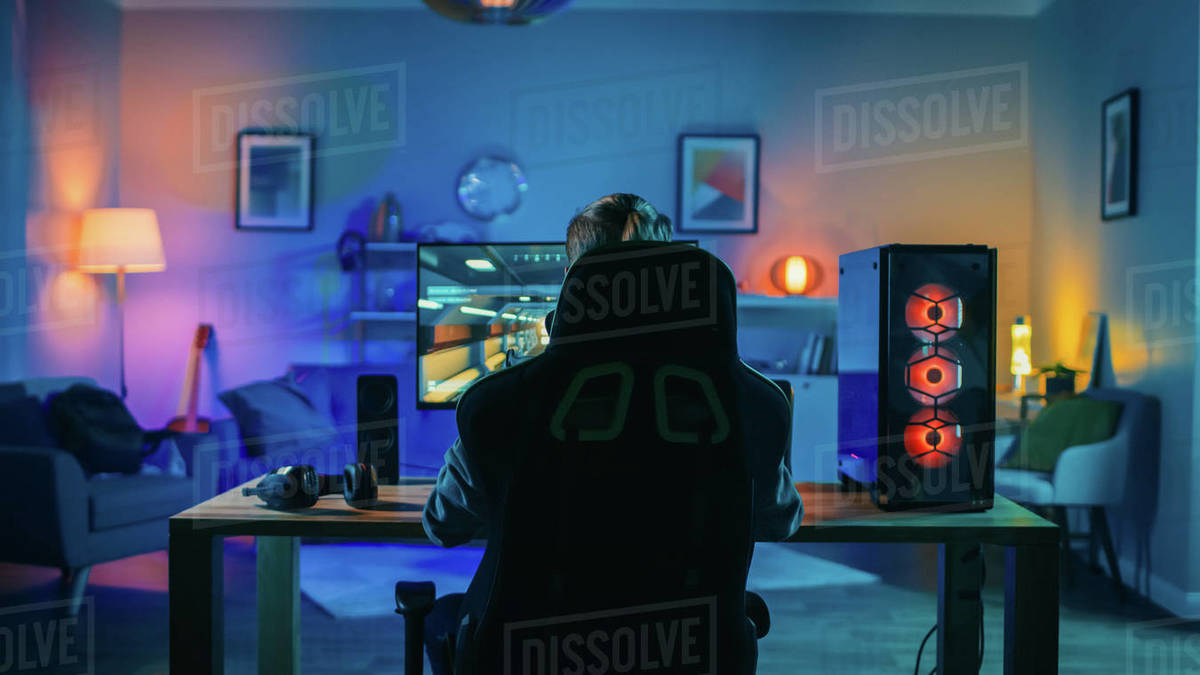 Back shot of a gamer playing first-person shooter online video game on ...