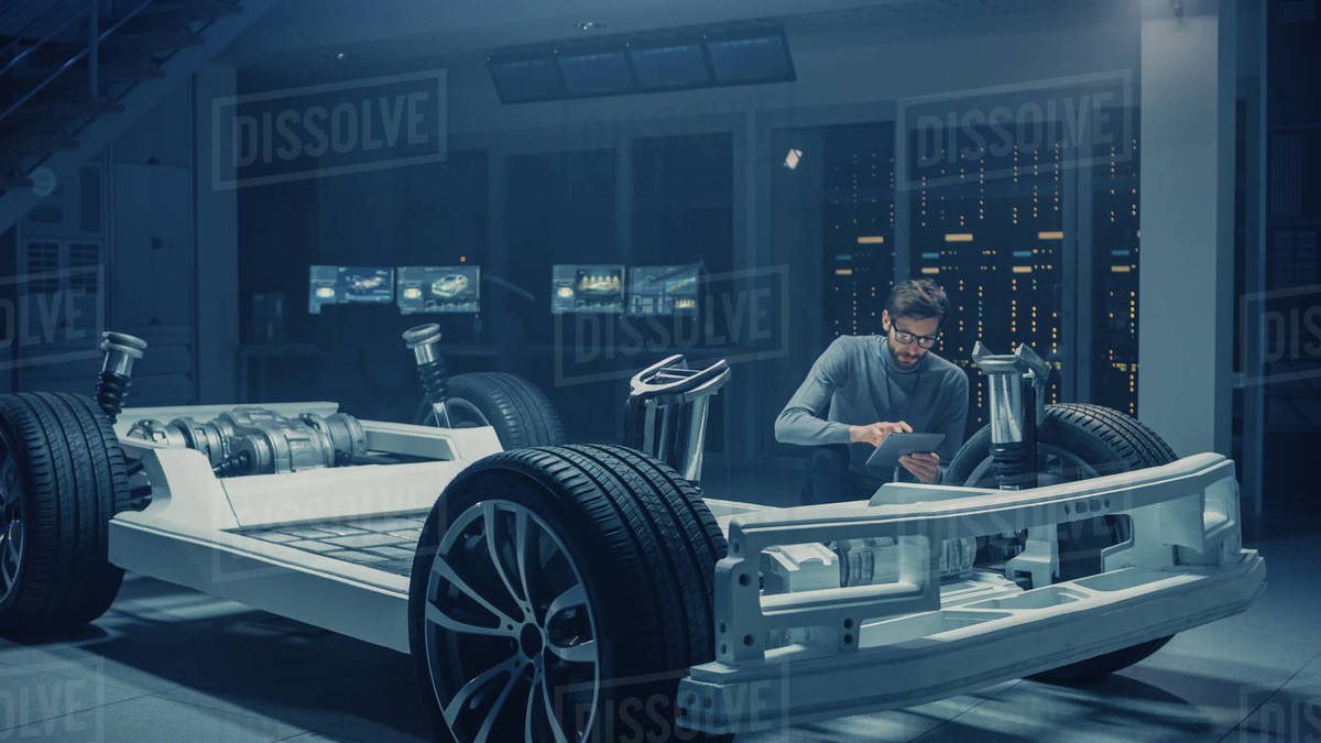 Automobile Engineer Working on Electric Car Platform Chassis Prototype ...