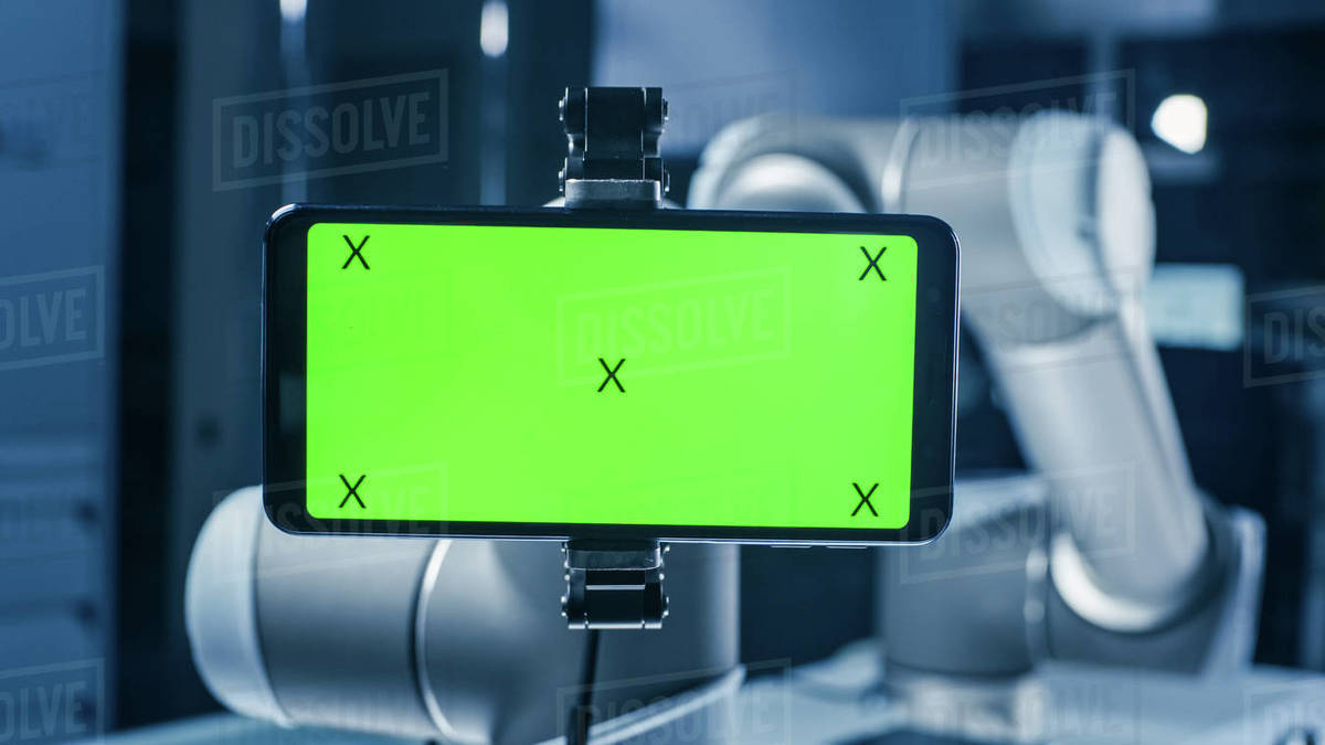 Robot Arm Holding Green Mock-up Screen Smartphone in Landscape Mode ...