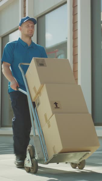 Happy Young Delivery Man Pushes Hand Truck Trolley Full of Cardboard ...