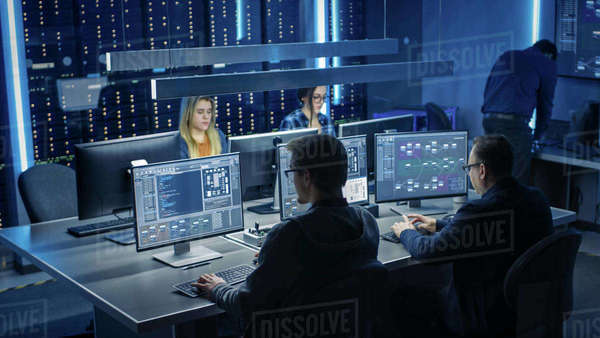 Team of IT Programers Working on Desktop Computers in Data Center ...