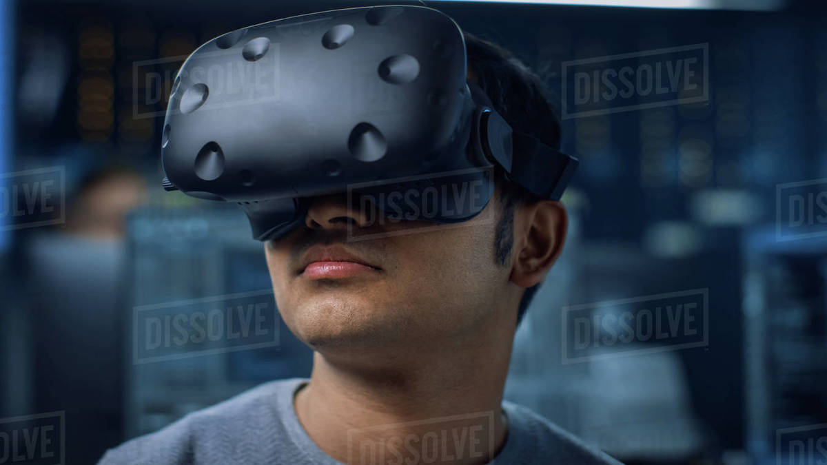 Close-up Portrait of Software Delevoper Wearing Virtual Reality Headset ...