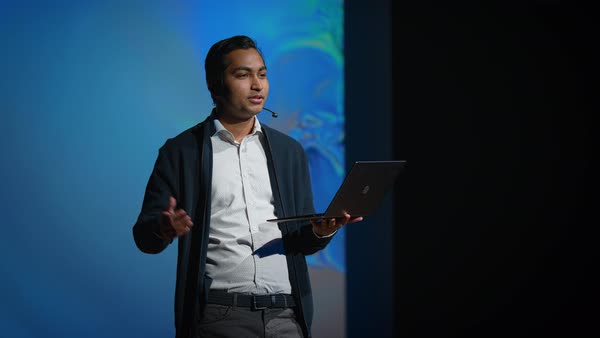 Business Conference Stage: Indian Tech Startup Chief Engineer Presents ...