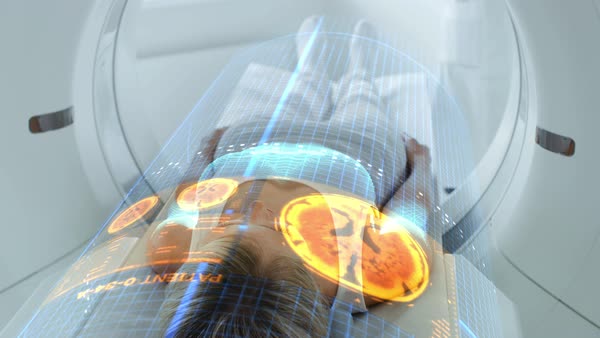 Female Patient Lying on CT or PET or MRI Scan Bed, Moving Inside the ...