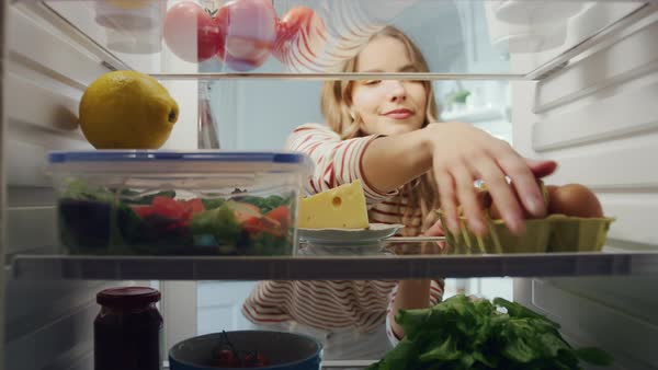 Beautiful Young Woman Opens Refrigerator Full of Organic Food and Grabs ...
