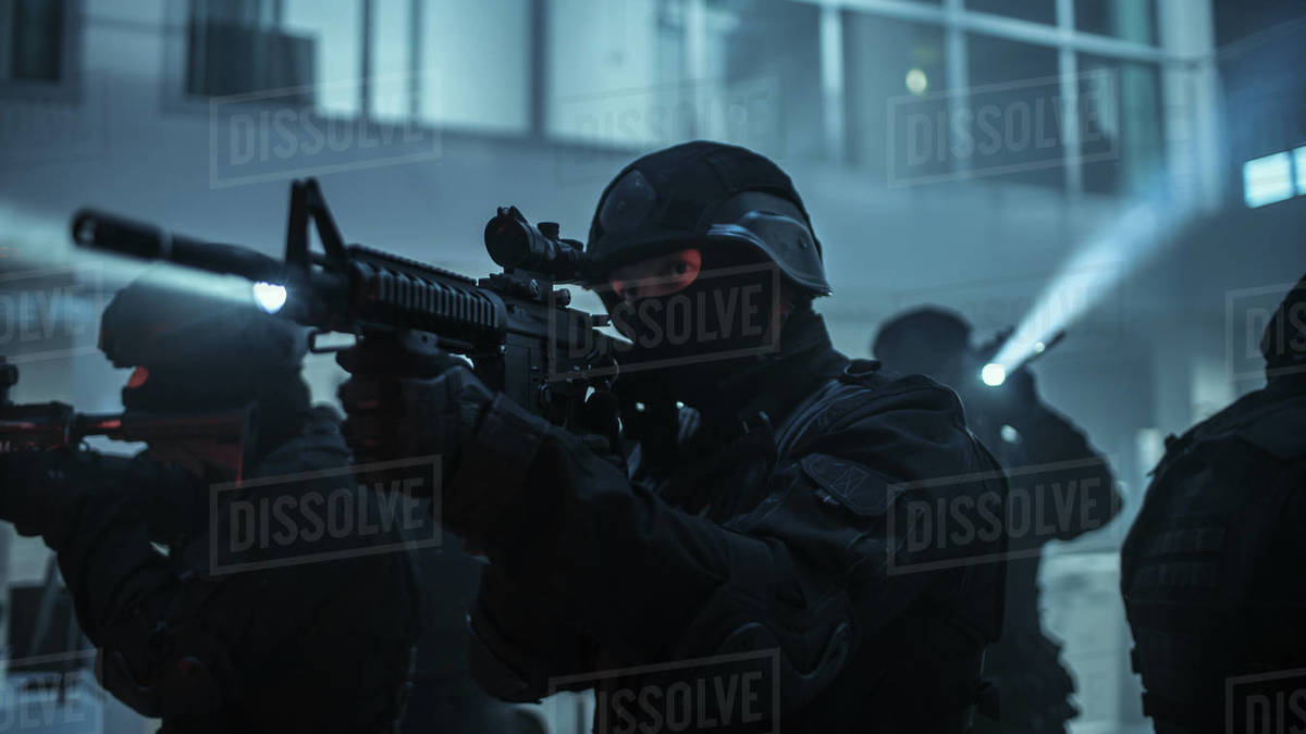 Masked Squad of Armed SWAT Police Officers Stand in Dark Seized Office ...