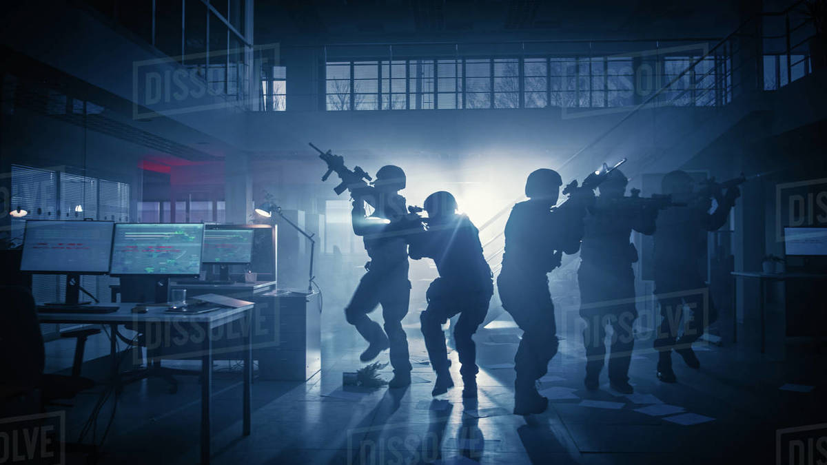 Masked Squad of Armed SWAT Police Officers Storm a Dark Seized Office ...