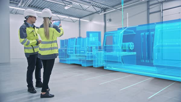 Two Engineers Use Digital Tablet Computer with Augmented Reality ...