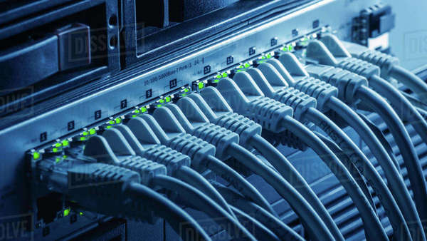 Macro Shot: Ethernet Data Center Cables Connected to Router Ports with ...