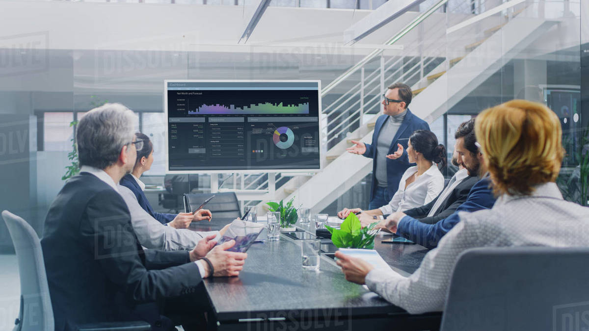 In Corporate Meeting Room: Creative Director Uses Digital Interactive ...