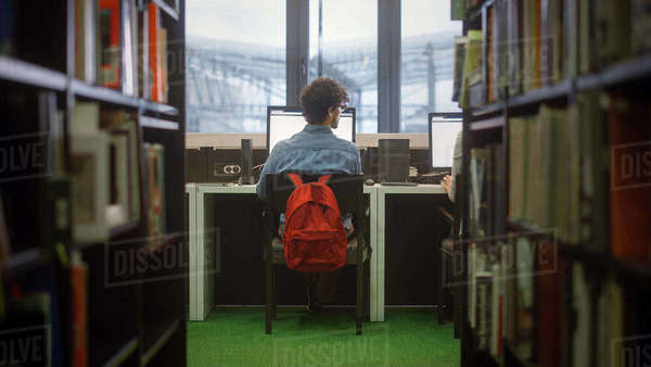University Library: Focused Student Sitting at the Desk Working on PC ...