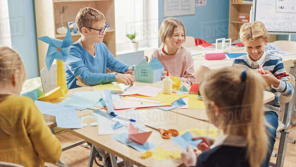 Elementary School Arts & Crafts Class: Diverse Group of Smart Children ...