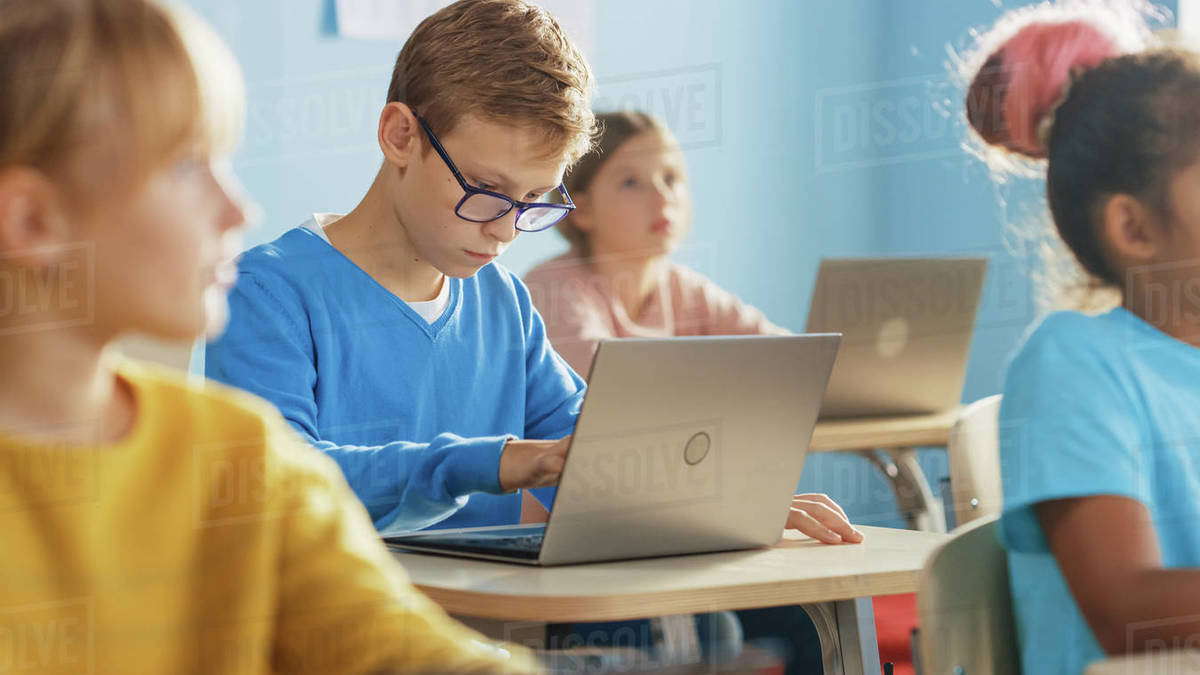 Elementary School Computer Science Class: Smart Boy Uses Laptop ...