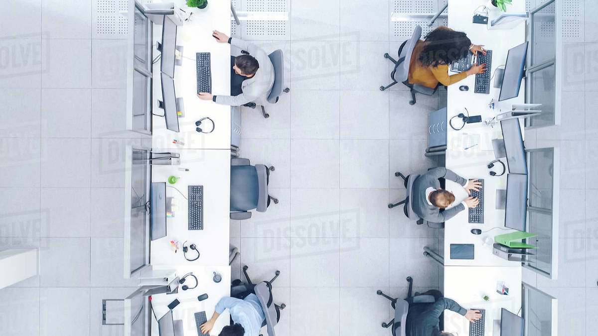 Top Down Shot of Big Busy Corporate Office with Tow Rows off ...