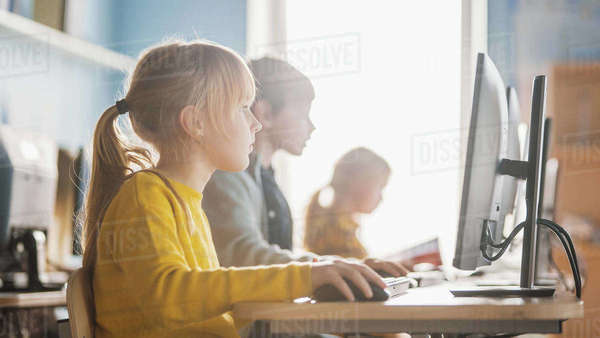 Elementary School Computer Science Classroom: Portrait of a Smart Cute ...