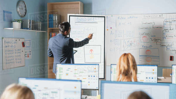 Elementary School Class: Teacher Uses Interactive Digital Whiteboard ...