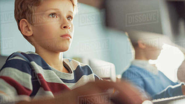 Elementary School Classroom: Smart Boy Uses Personal Computer, Learning ...