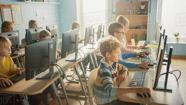 Elementary School Computer Science Classroom: Diverse Group of Little ...