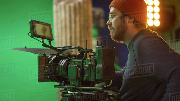Portrait of Cameraman on Railway Trolley Shooting Green Screne Scene ...