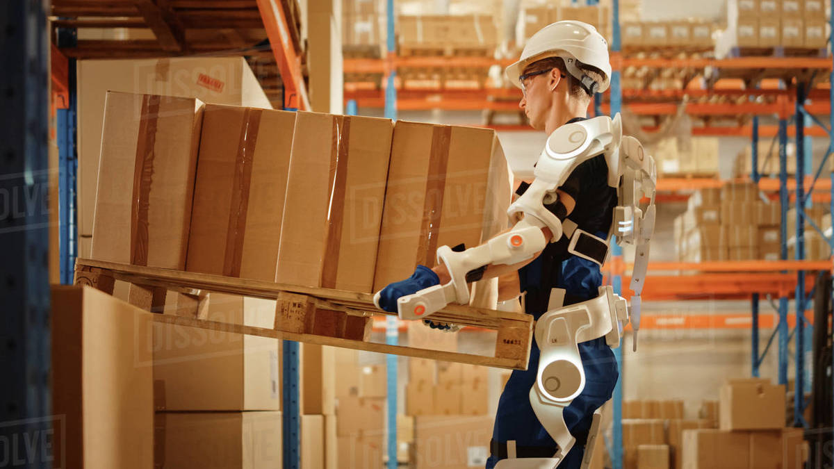 High-Tech Futuristic Warehouse: Worker Wearing Advanced Full Body ...