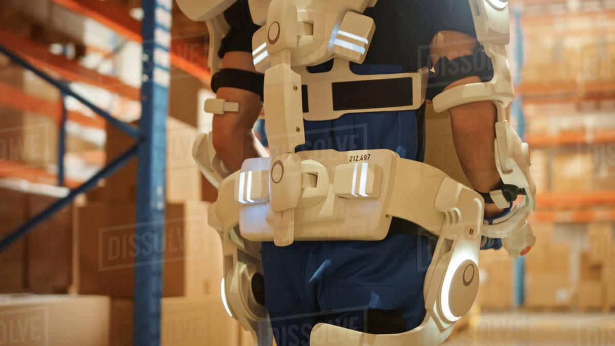 High-Tech Futuristic Warehouse: Worker Wearing Advanced Full Body ...