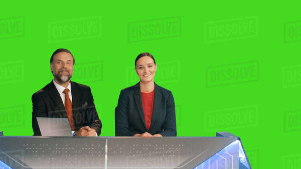 Live News Studio with Professional Anchor doing Report on Green Screen ...