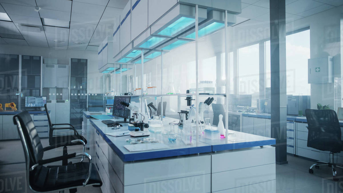 Modern Medical Research Laboratory with Computer, Microscope, Glassware ...