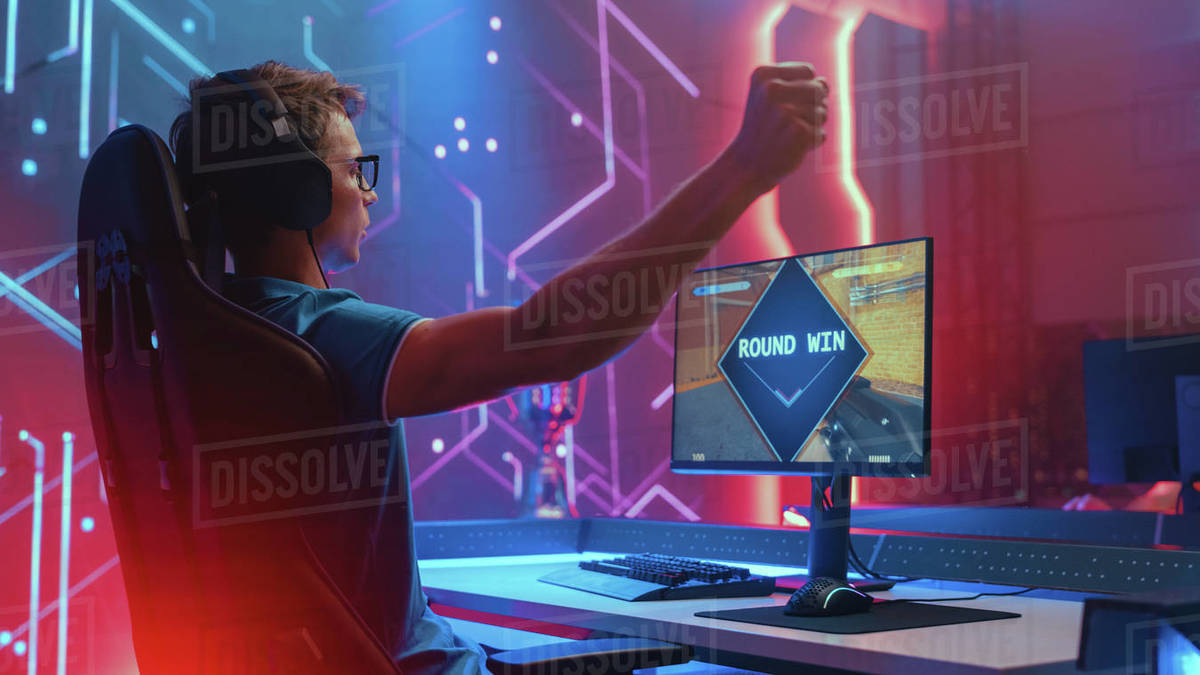Professional eSports Gamer Plays Mock-up 3D First Person Shooter Video ...