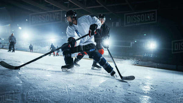 Ice Hockey Rink Arena: Two Professional Players From Different Teams ...