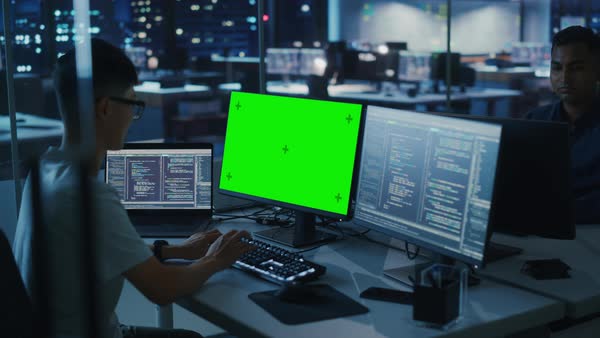 Young Japanese Man in Working on Green Screen Chroma Key Desktop ...