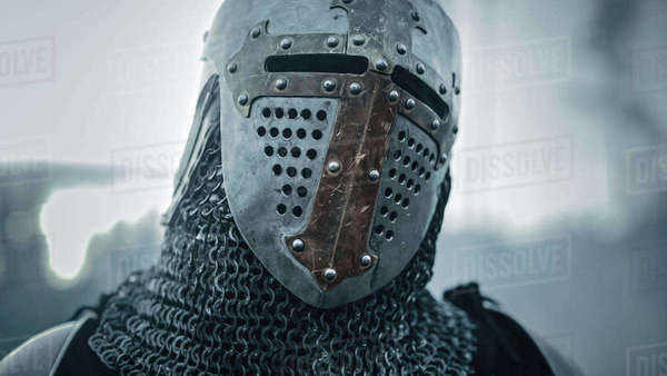 Portrait of a Medieval Knight on Battlefield, Closed Helmet Ready for ...