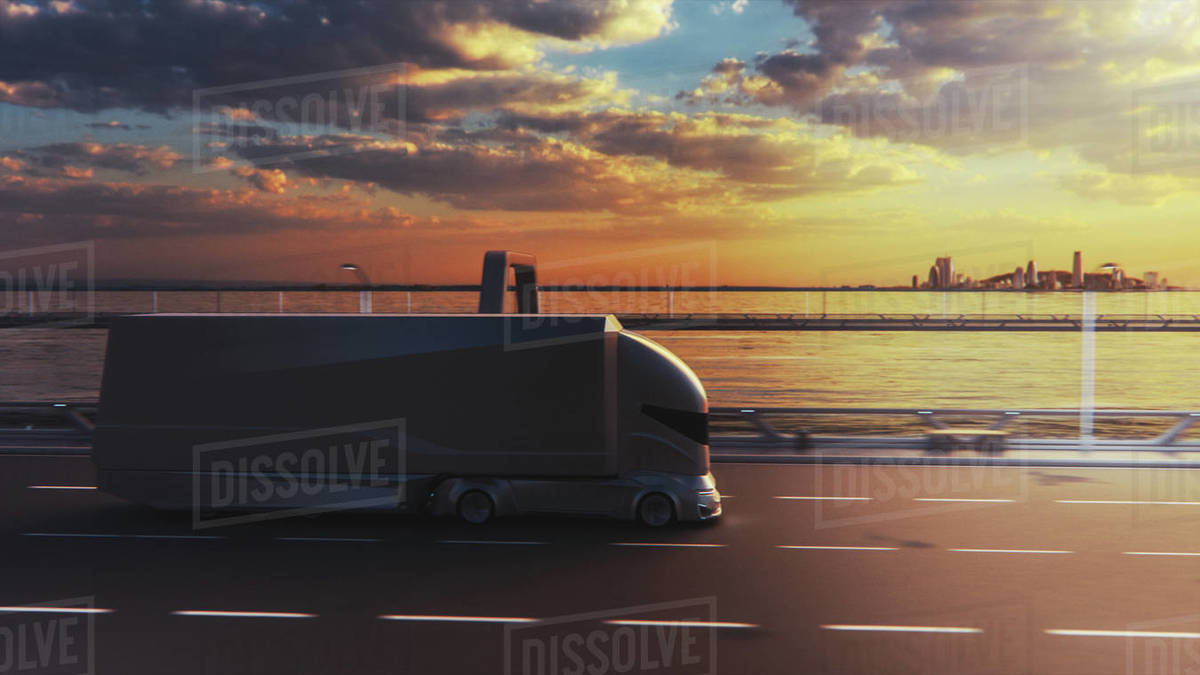 Autonomous Self-Driving Truck with Cargo Trailer Drives on the Road ...