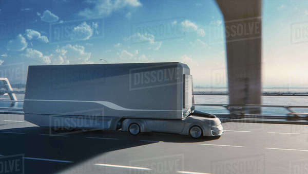 Autonomous Self-Driving Truck with Cargo Trailer Drives on the Road ...