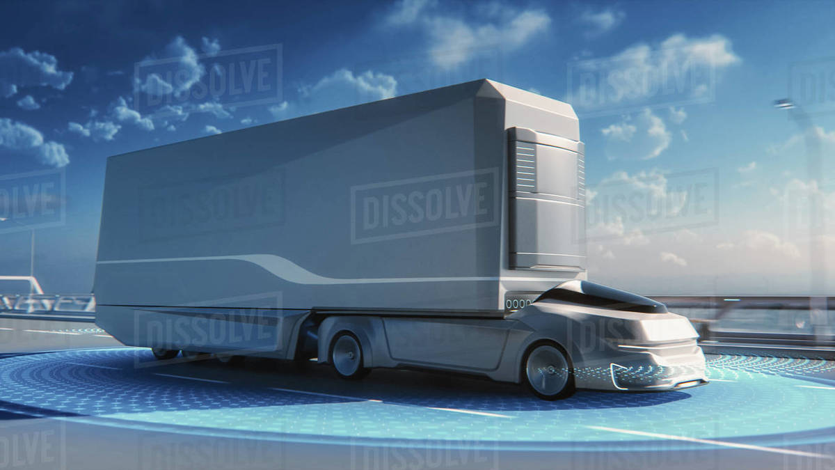 Autonomous Self-Driving Lorry Truck with Cargo Trailer Drives on the ...