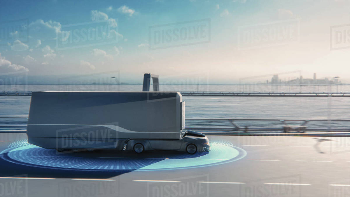 Autonomous Self-Driving Lorry Truck with Cargo Trailer Drives on the ...