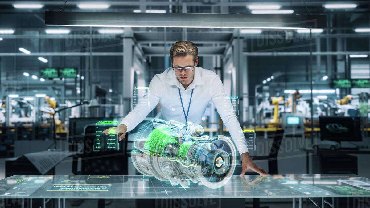 Engineer in White Shirt Working on Jet Engine with Use of Augmented ...