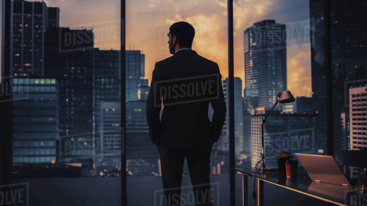 Thoughtful Young Businessman in a Tailored Suit Standing in His Modern ...