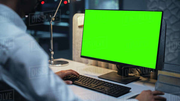 Close Up of a Businessman Working on Desktop Computer with Chroma Key ...