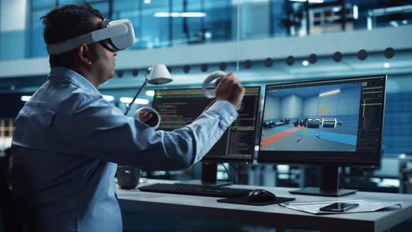 Automotive Engineer Using a VR Software to Work on Electric Motor and ...