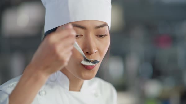 World Famous Restaurant: Portrait of Smiling Asian Female Chef Cooking ...