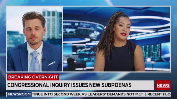 Split Screen: Two Anchors Talking TV Live News Segment. Presenters ...